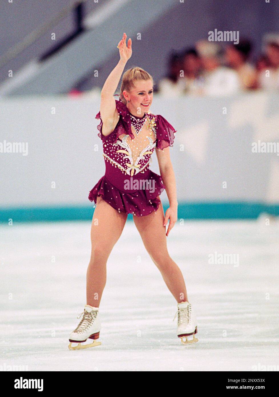 American figure skater Tonya Harding on center ice after competing in ...