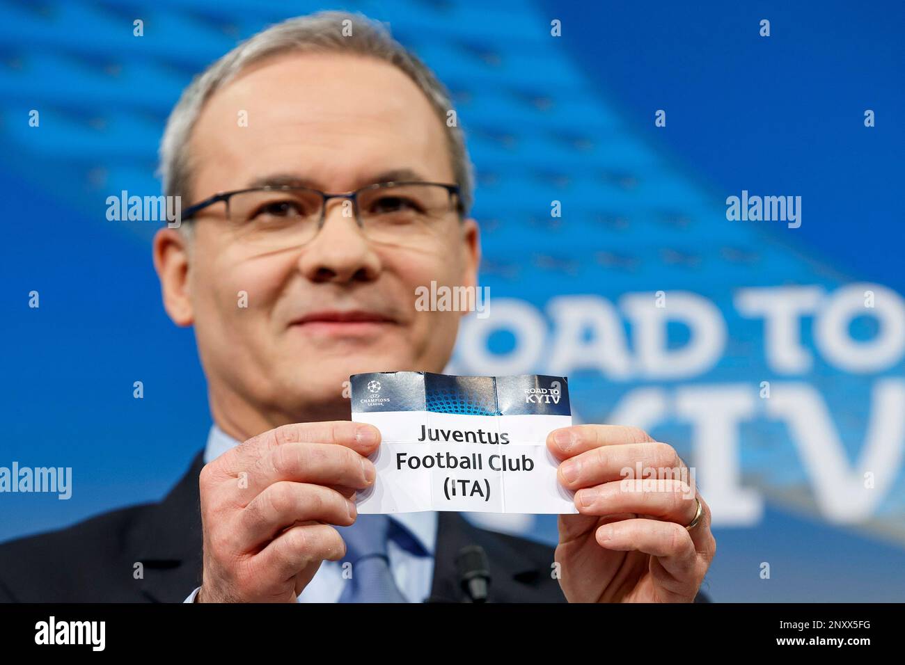 UEFA deputy secretary general Giorgio Marchetti, shows a ticket of ...