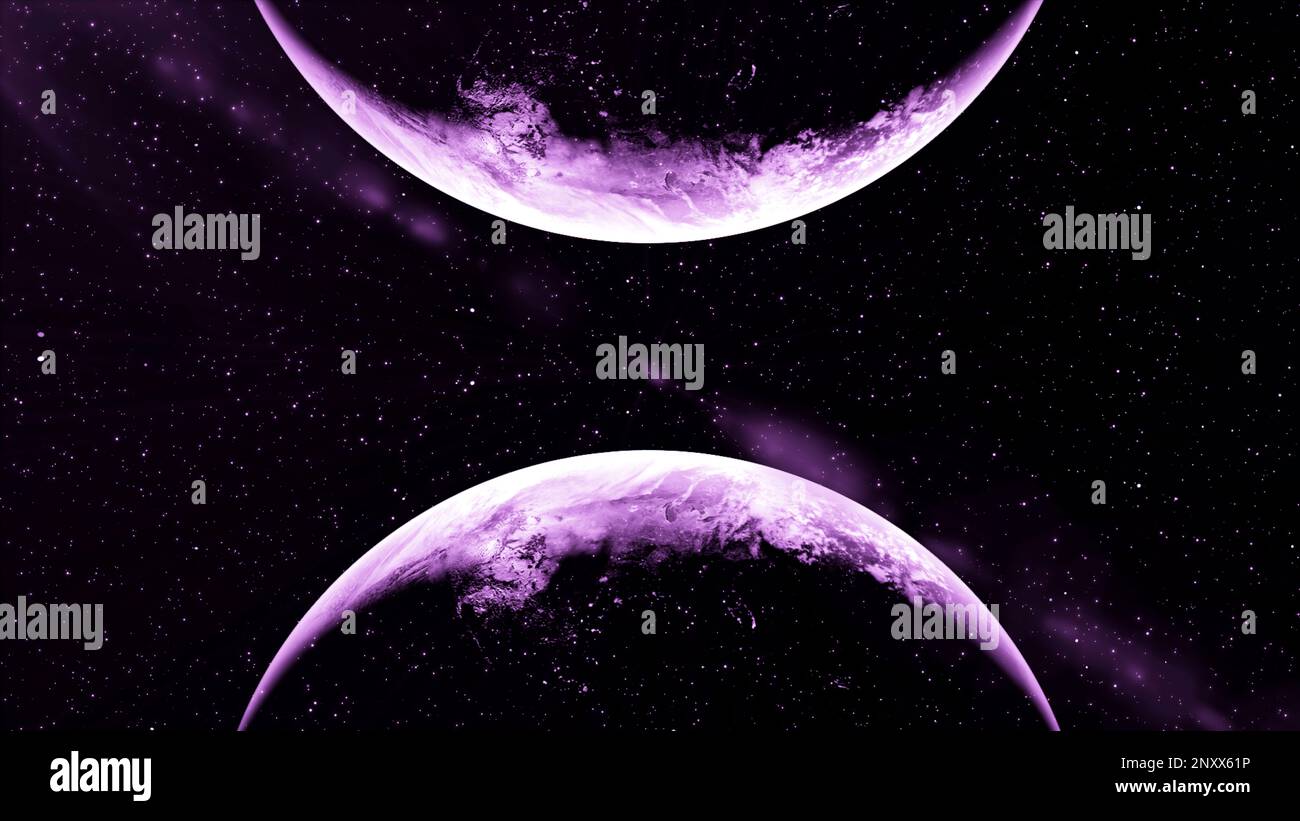Abstract two spinning planets in outer space. Motion. Purple twin ...