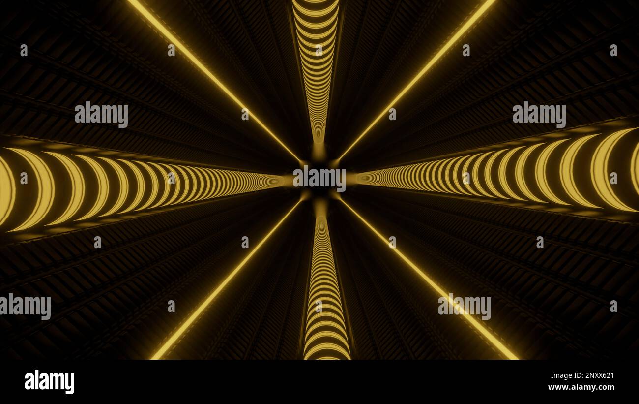 Spinning dark tunnel with yellow long straight tubes. Design. Spinning ...