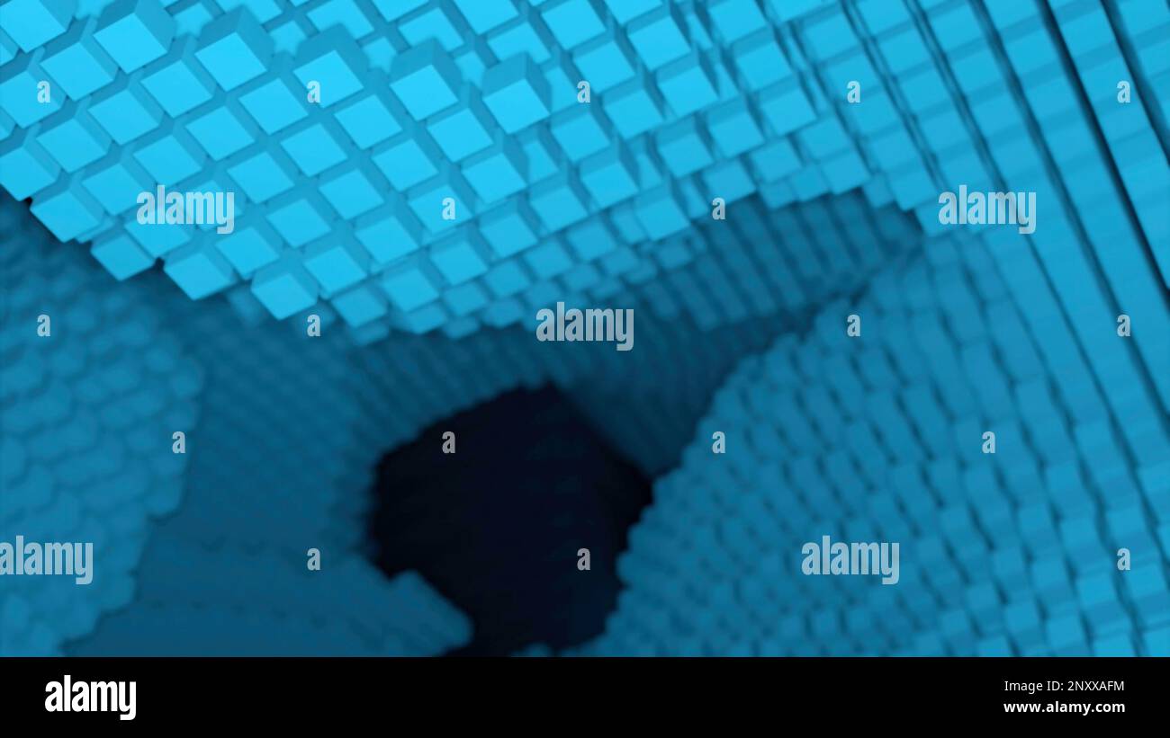 Abstract 3D structure of neon cubes formations flowing on a black ...