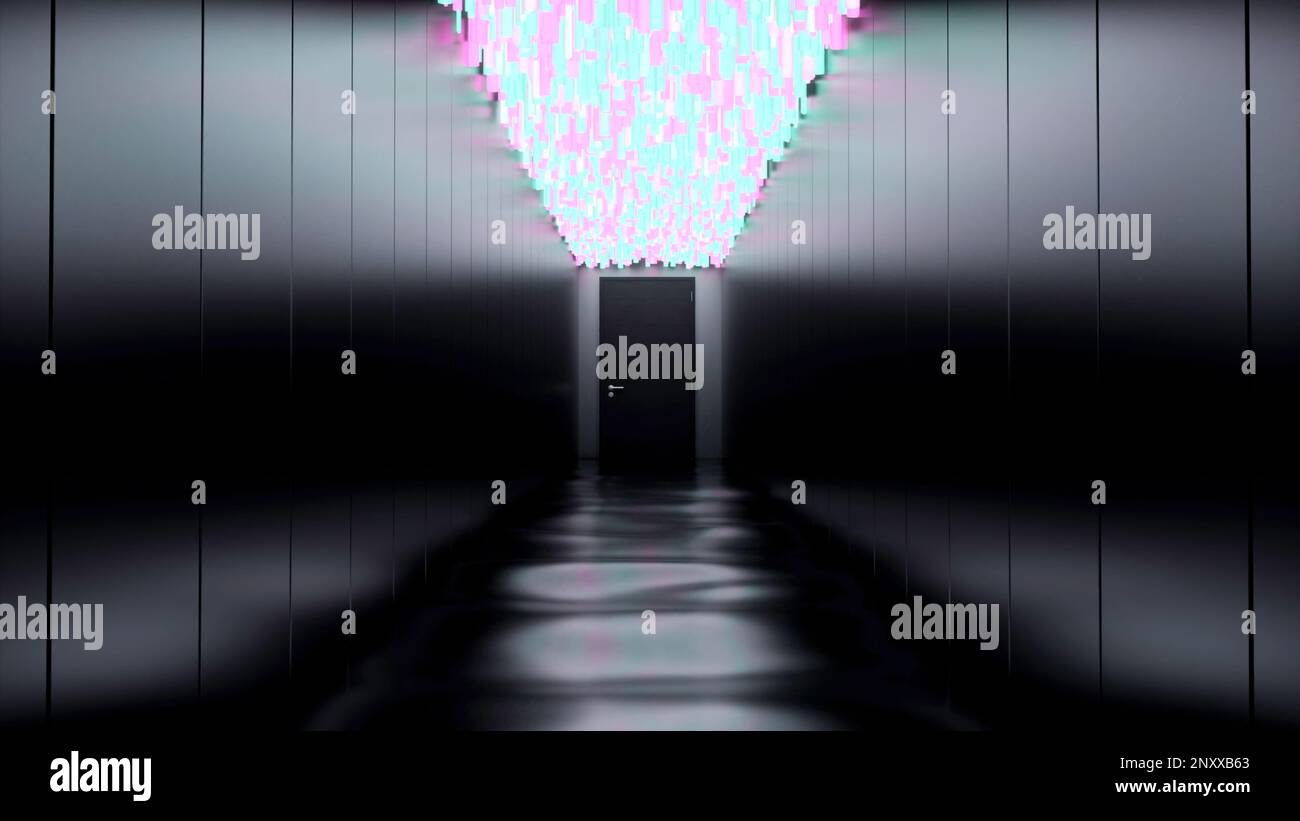 View inside of dark scary surreal corridor with a door at the end ...