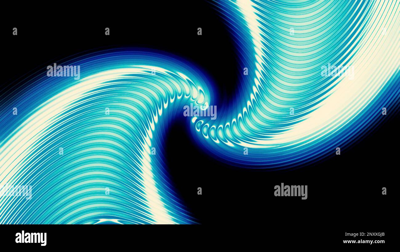 Blue bending light rays moving away on a black background. Motion ...