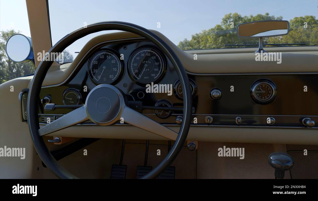 Realistic Interior of a retro beautiful car: wheel, dashboard. Design ...