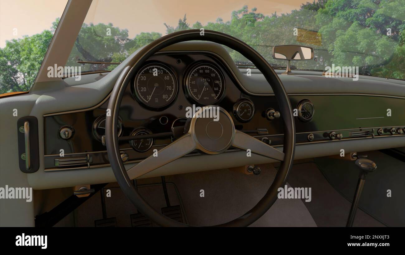 Realistic Interior of a retro beautiful car: wheel, dashboard. Design ...