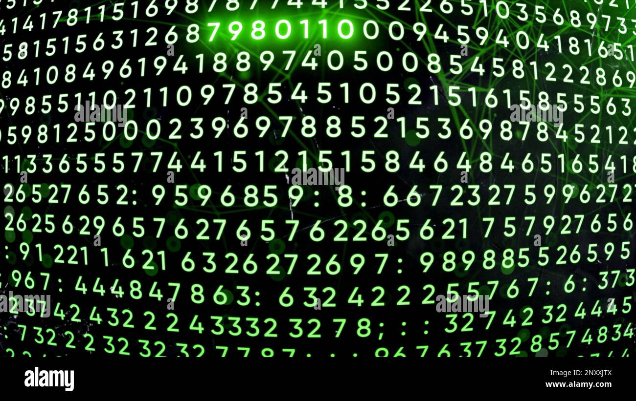 Abstract blinking and changing numbers with connected dots and lines on the background. Motion ...