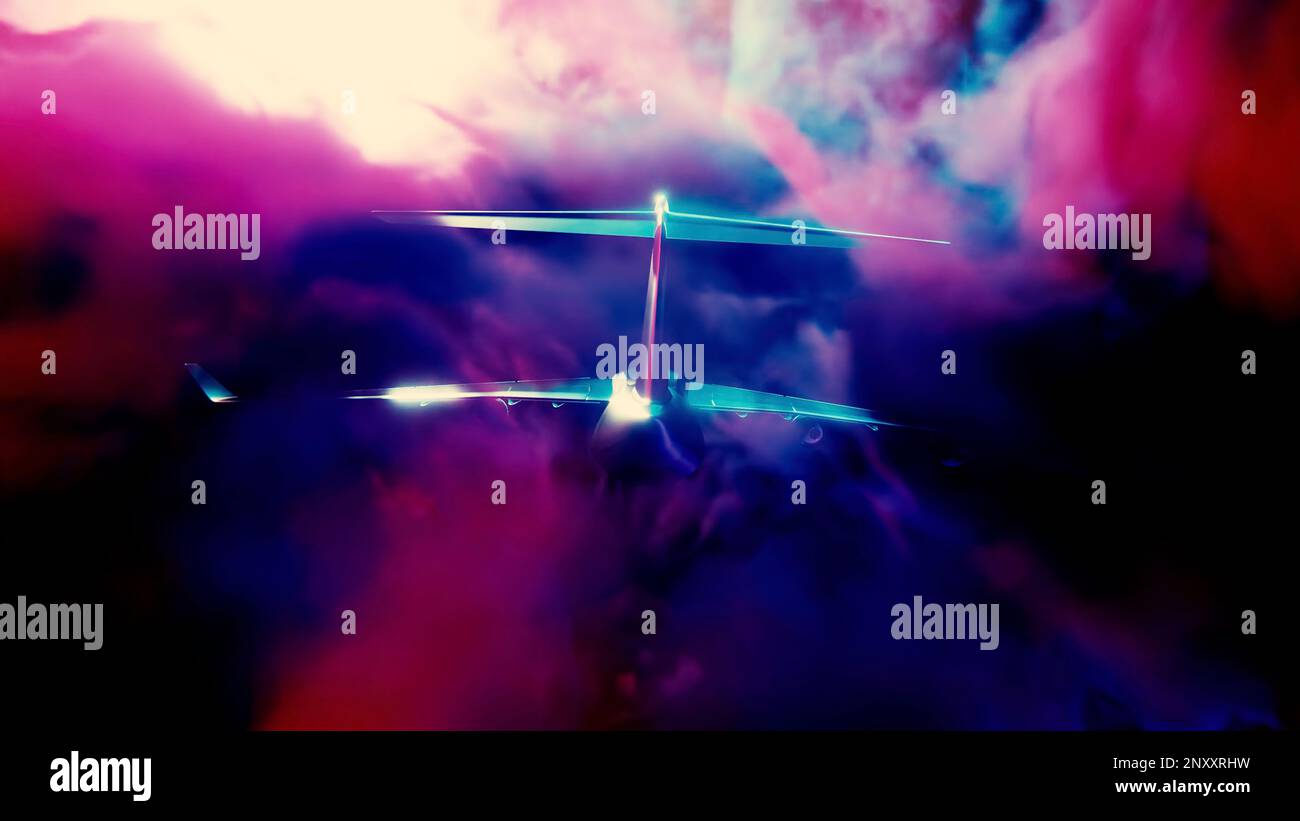 Plane flying through the storm surreal clouds. Design. Abstract flight ...