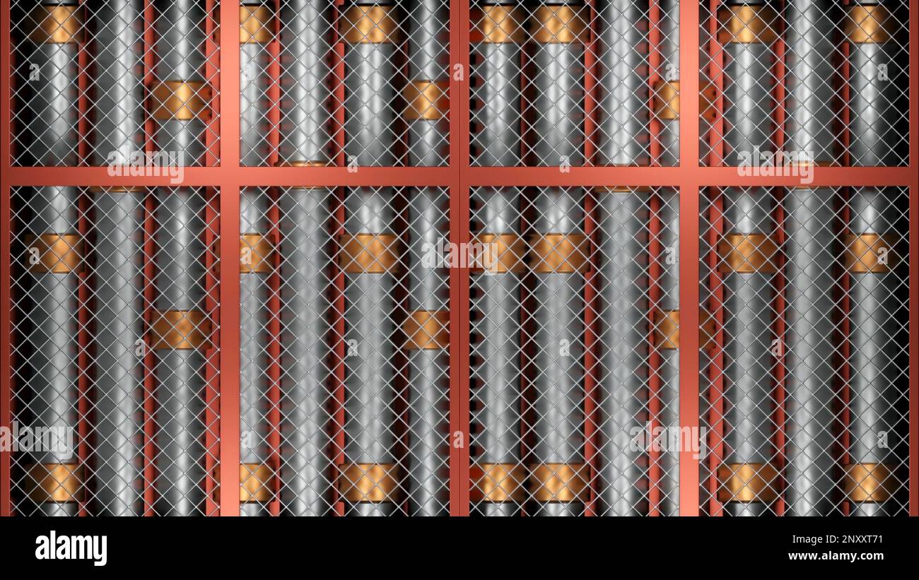 3D pipes with grid. Design. A lot of metal pipes behind grid. System ...