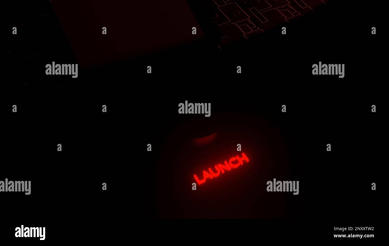 Glowing 3d launch button. Design. Button to start computer system in ...