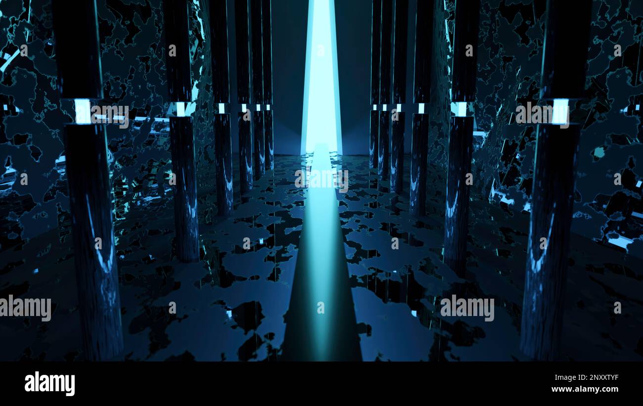 Futuristic 3d corridor with pillars and light. Design. Light pole at ...