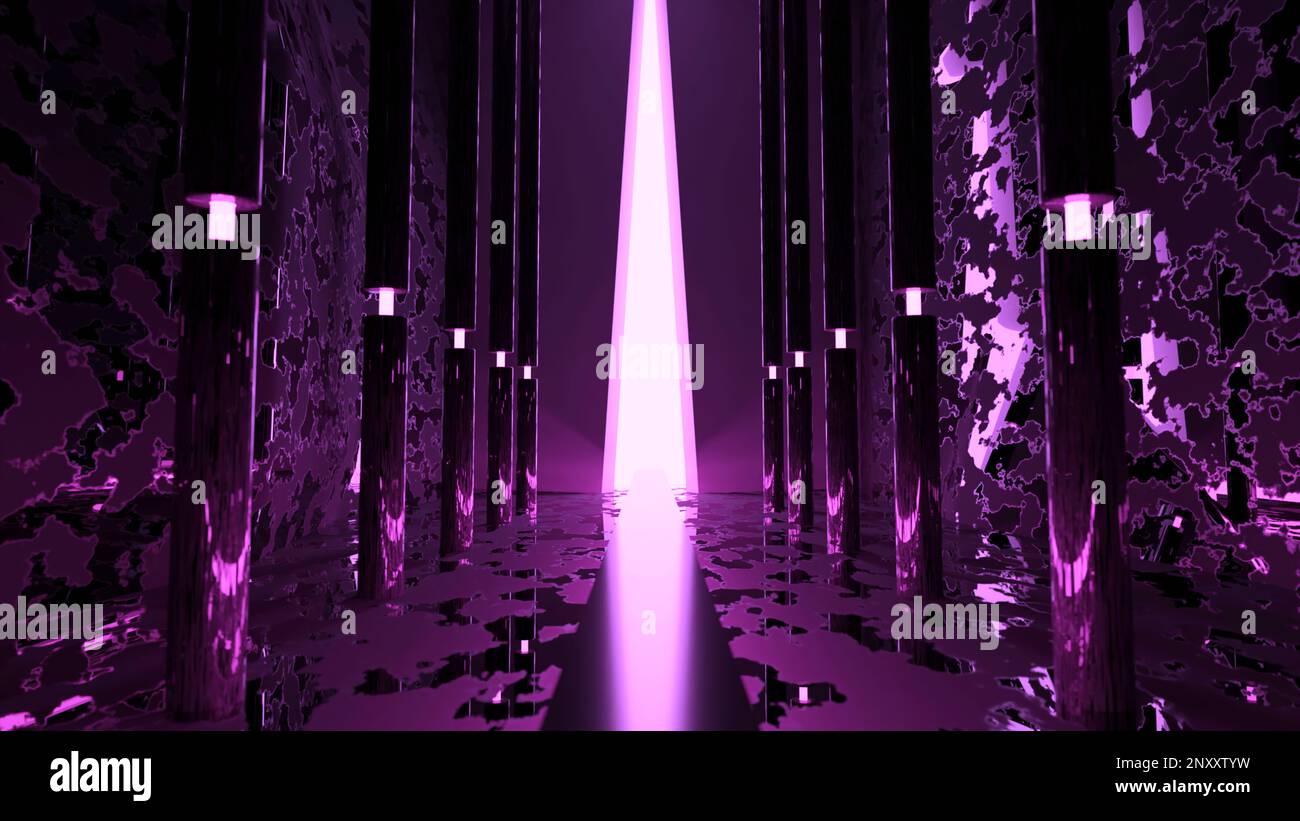 Futuristic 3d corridor with pillars and light. Design. Light pole at ...