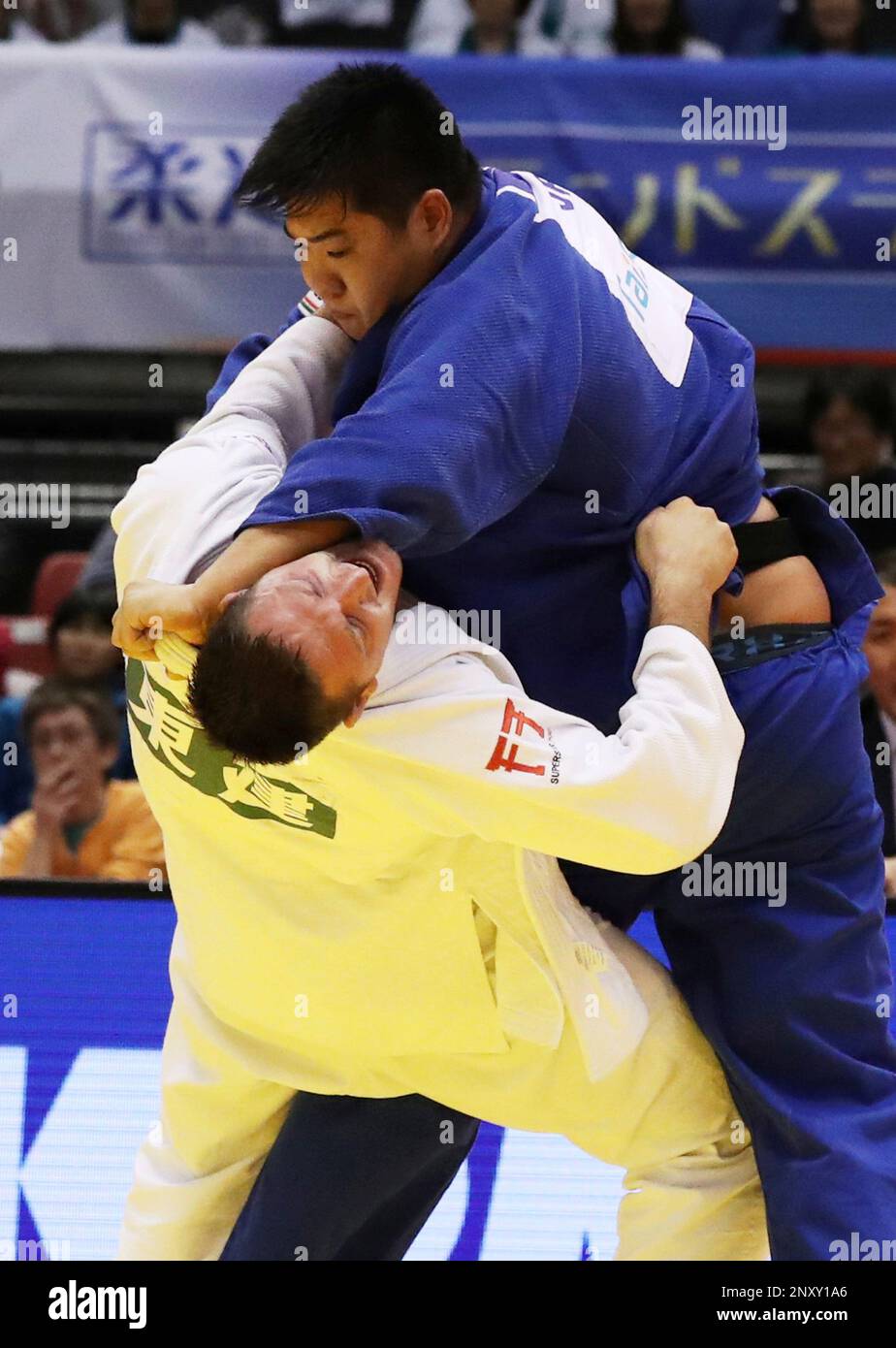 Japan's Yusei Ogawa(top) attacks Czech's Lukas Krpalek during men's over 100kg final at Tokyo ...