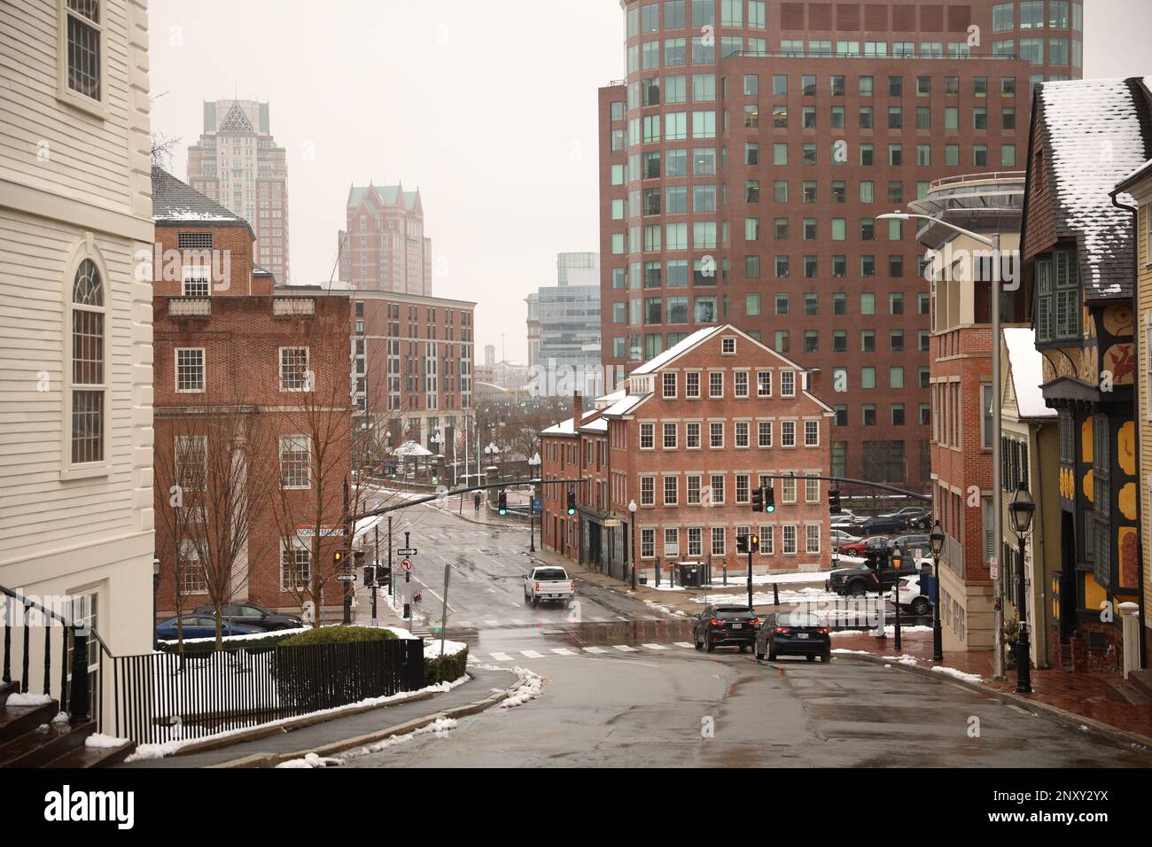 Rhode Island Providence Downtown buildings and urban streets during wet ...