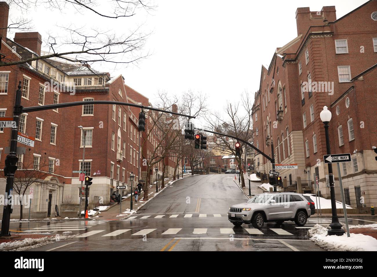 Rhode Island Providence Downtown buildings and urban streets during wet ...