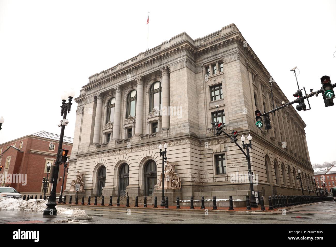 Rhode Island Providence Downtown buildings and urban streets during wet ...
