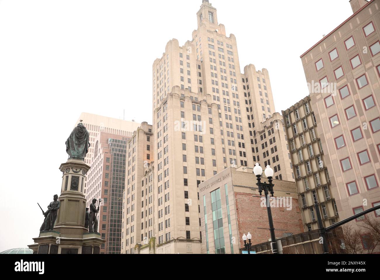 Rhode Island Providence Downtown buildings and urban streets during wet ...