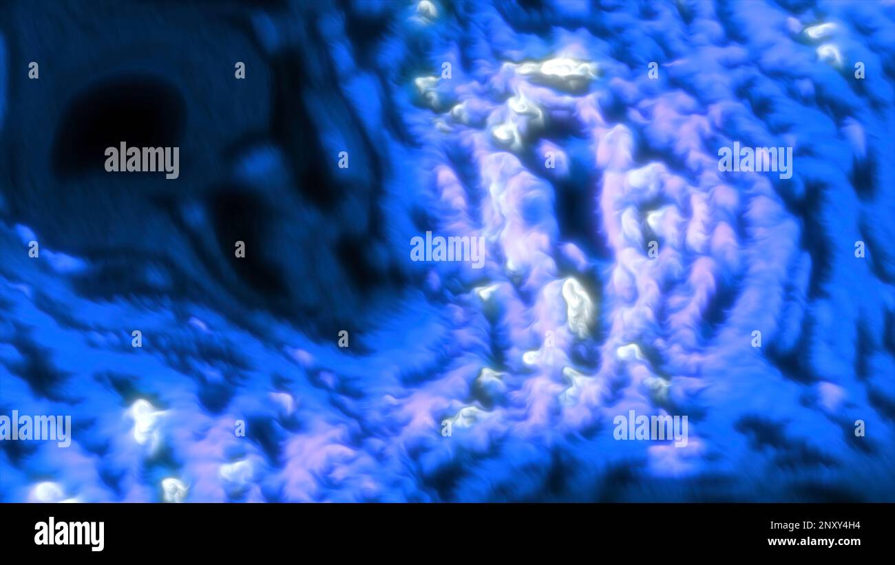 Bubbling liquid with glowing molecules. Motion. Bright boiling liquid ...