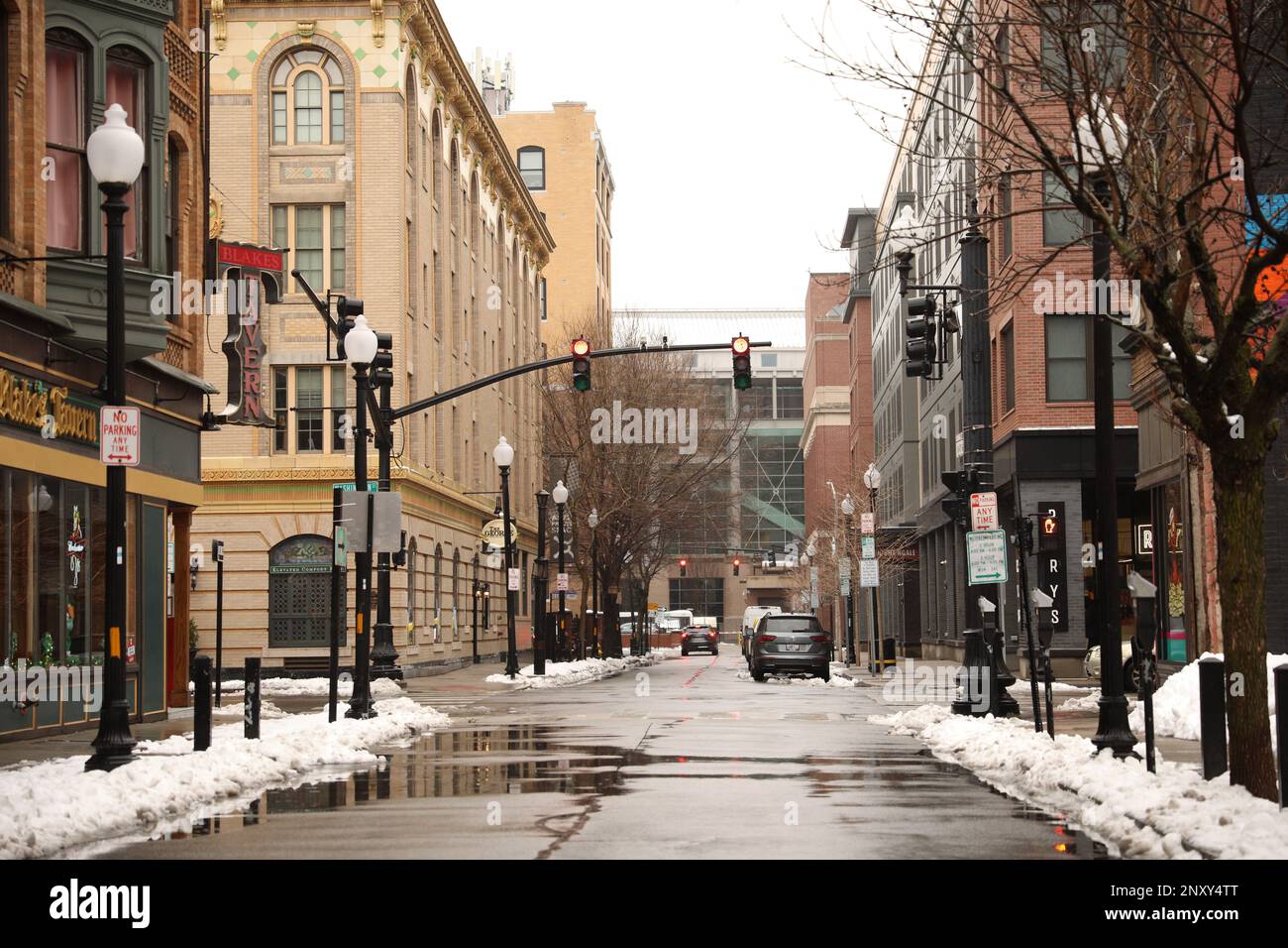 Rhode Island Providence Downtown buildings and urban streets during wet ...