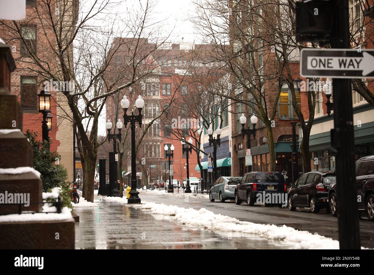 Rhode Island Providence Downtown buildings and urban streets during wet ...