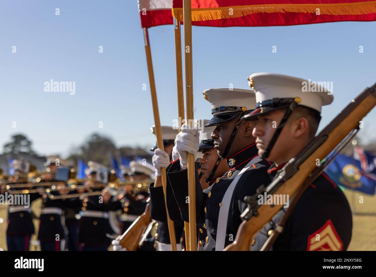 U.S. Marines with Marine Forces Reserve color guard present the colors ...