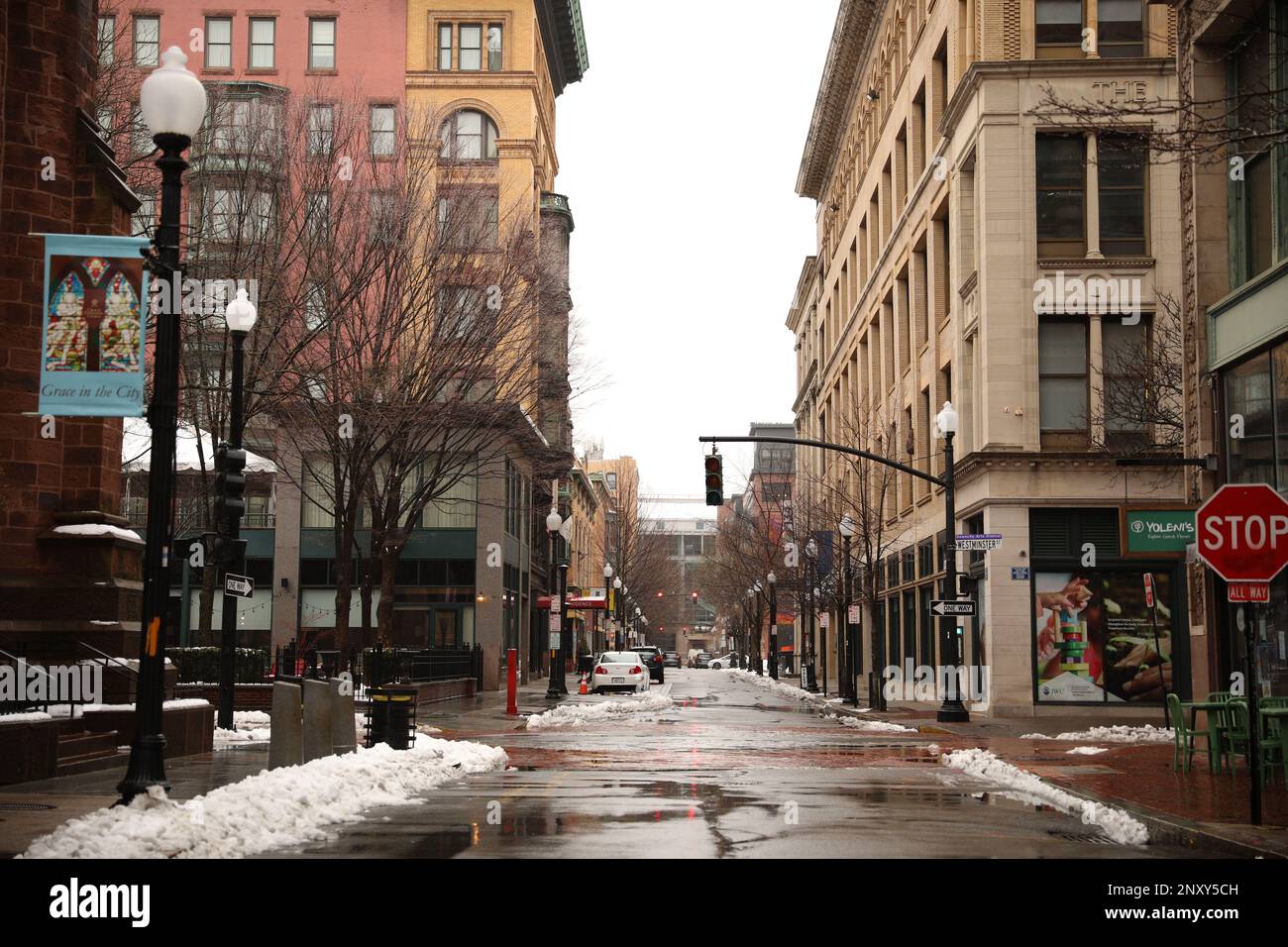 Rhode Island Providence Downtown buildings and urban streets during wet ...