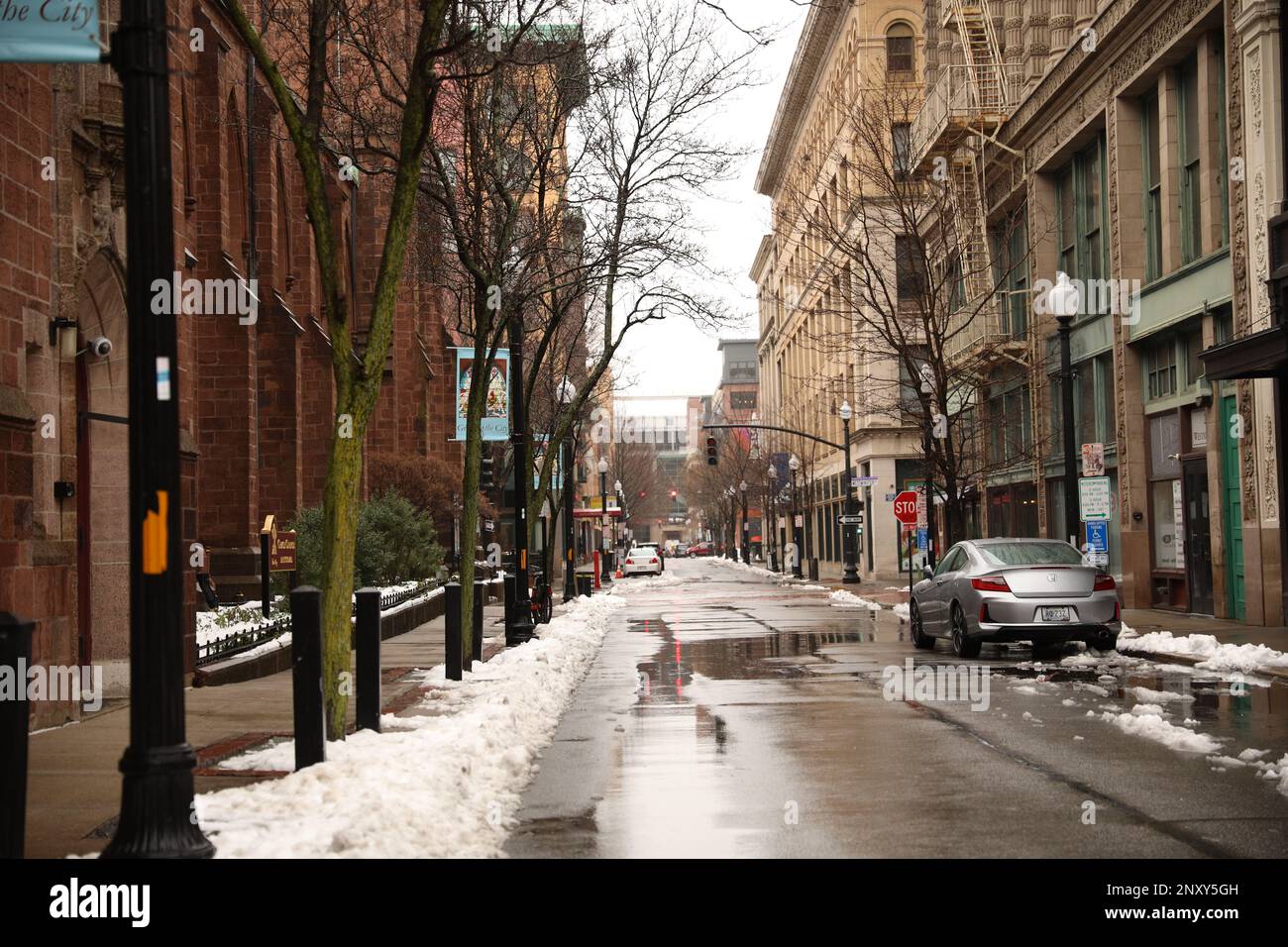 Rhode Island Providence Downtown buildings and urban streets during wet ...