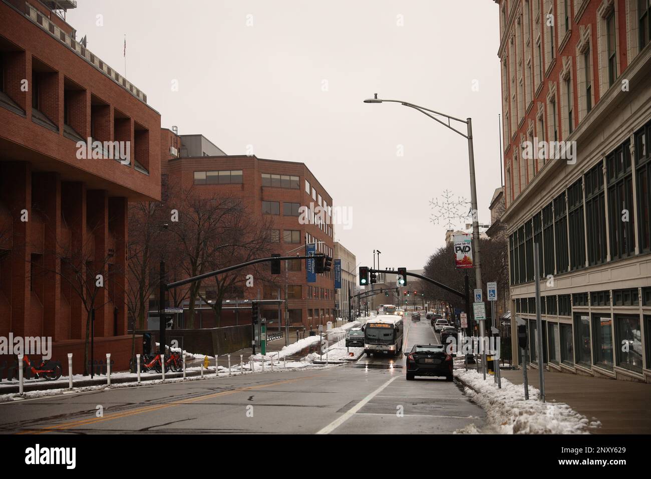 Rhode Island Providence Downtown buildings and urban streets during wet ...