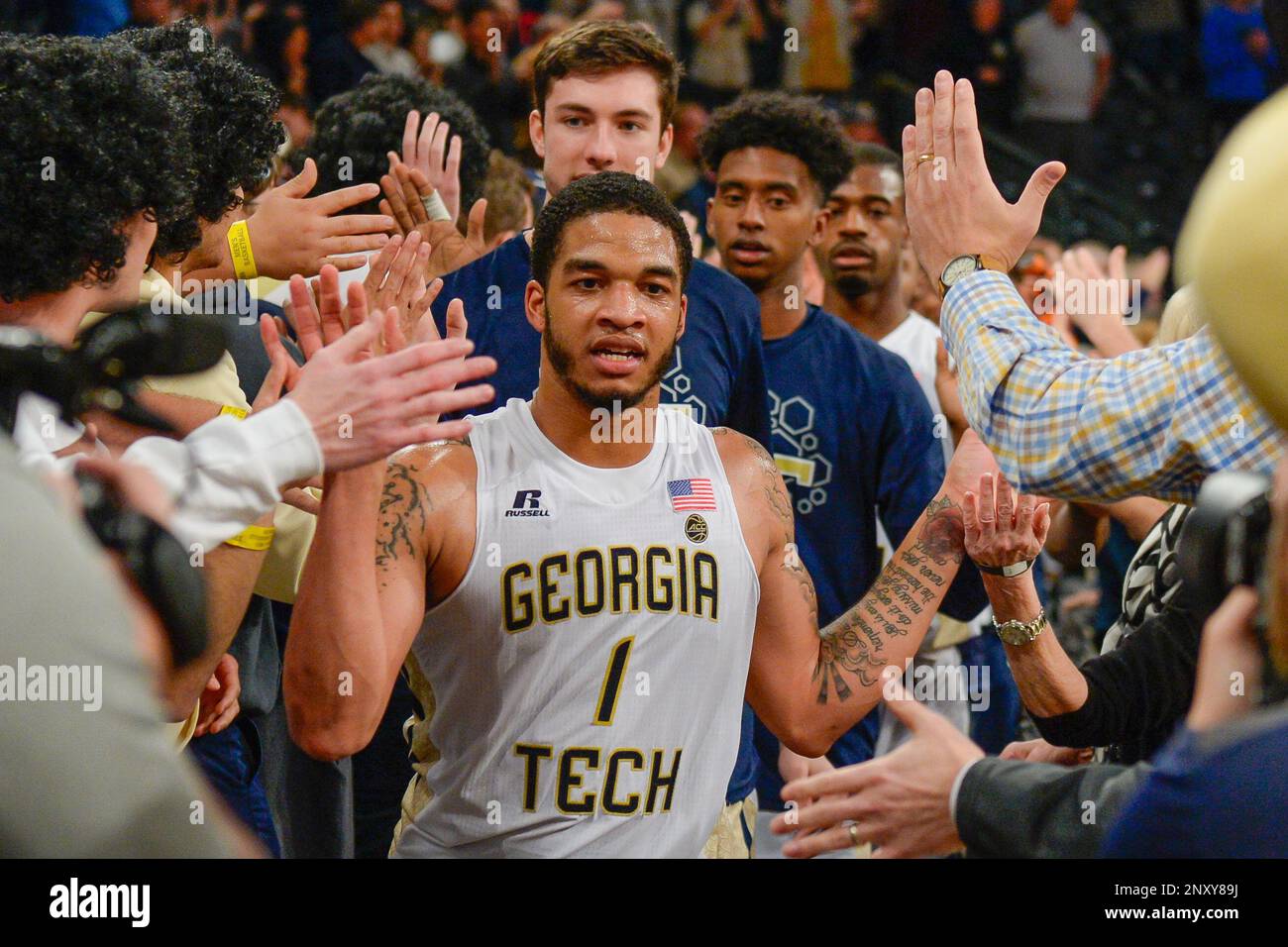 ATLANTA, GA – NOVEMBER 28: Georgia Tech's Tadric Jackson (1) is mobbed ...