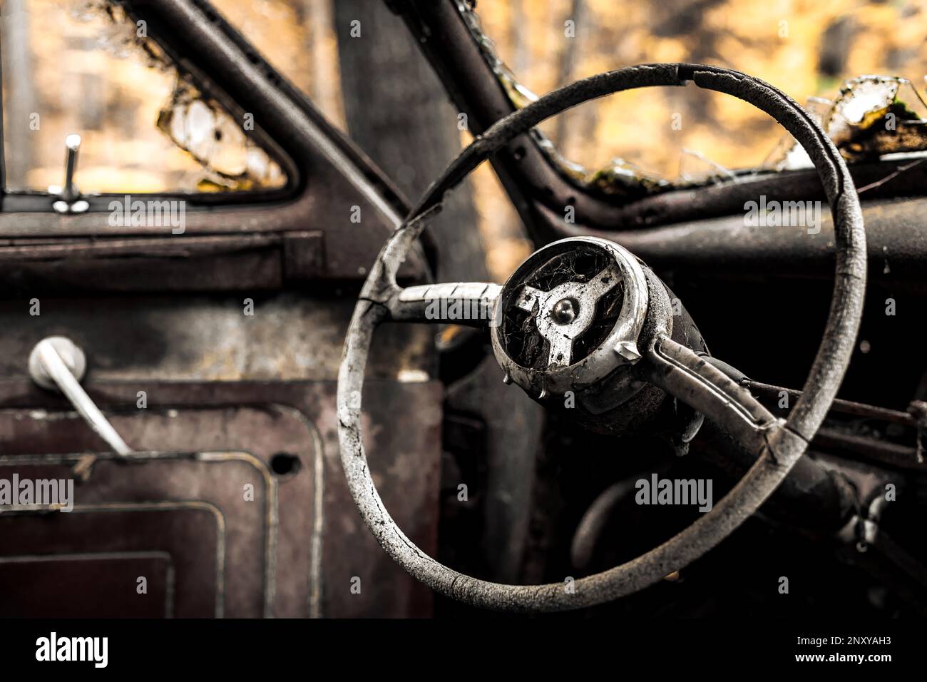 Old (circa 1940s?) car steering wheel. Car left abandoned in New York ...