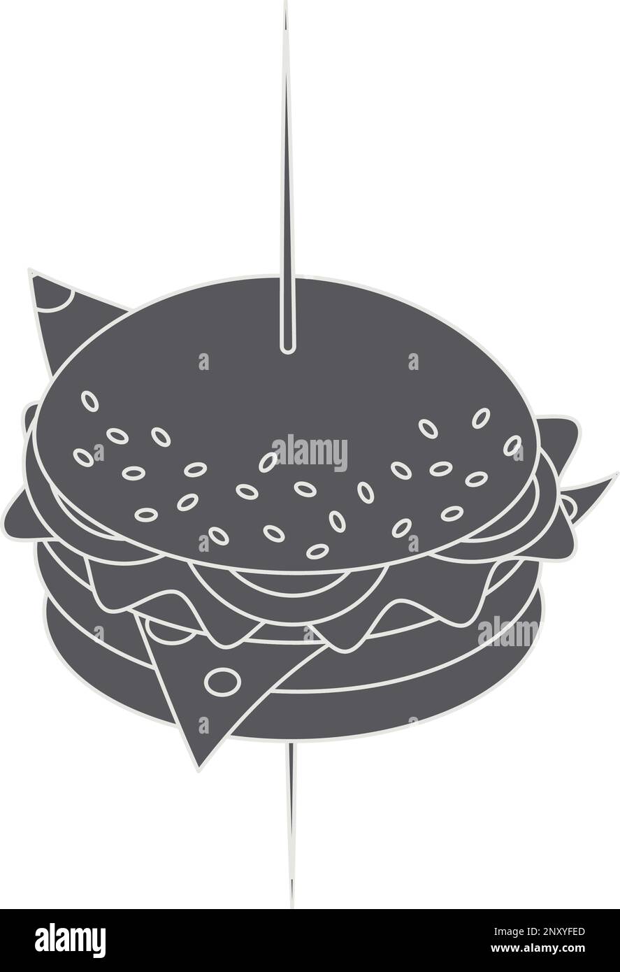 Grayscale image of a hamburger on a skewer. Happy hamburger day. Fast ...