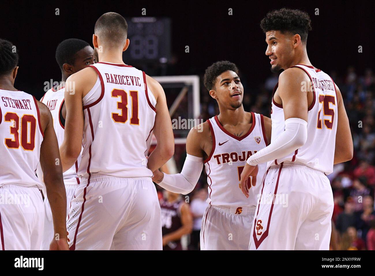 LOS ANGELES, CA - NOVEMBER 26: USC guard Derryck Thornton (5) chats ...