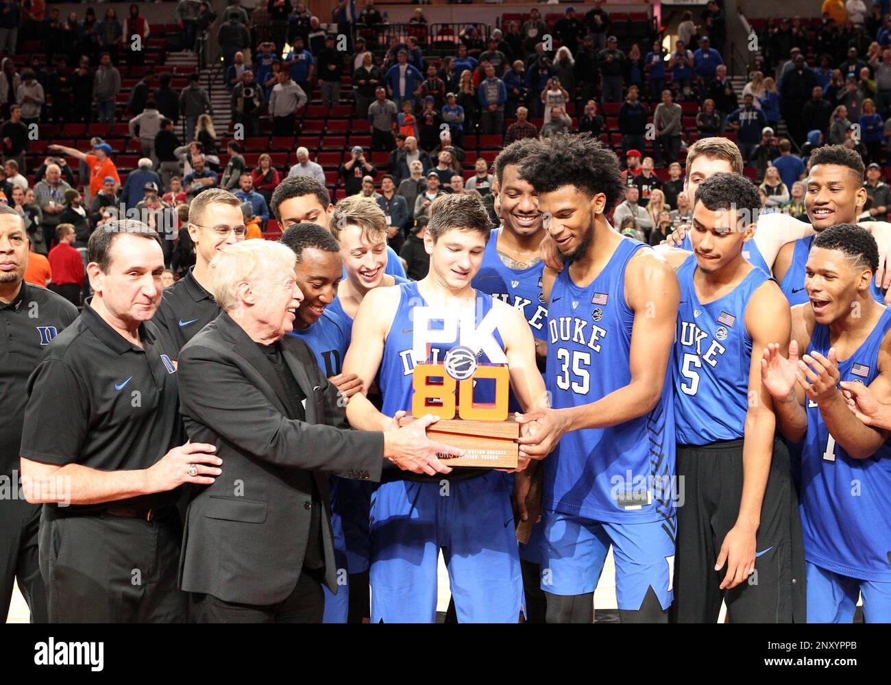November 26, 2017: Phil Knight presents the PK80 trpohy to the Duke ...