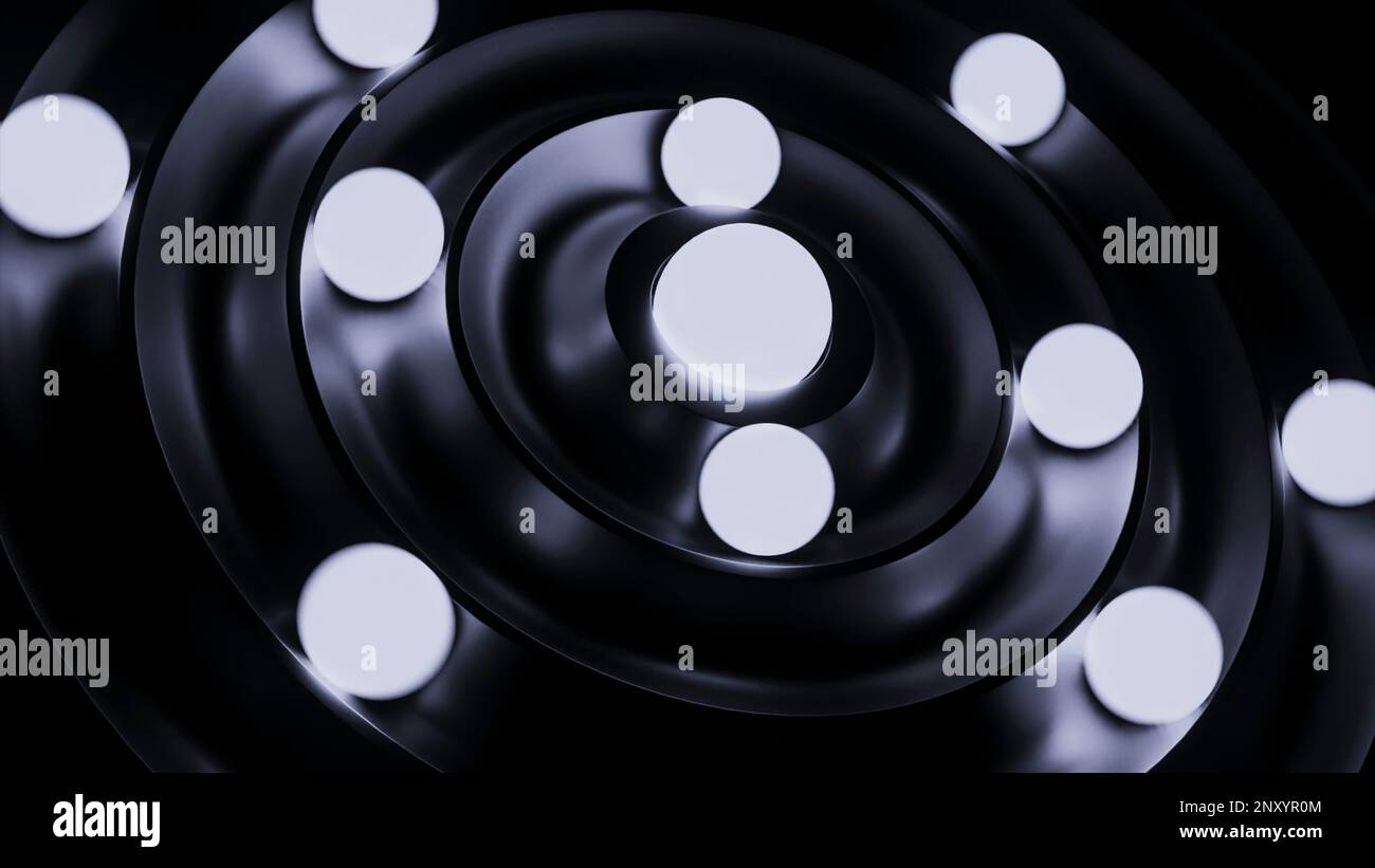Glowing 3d balls move in rings. Design. Rotating 3d balls in spiral ...