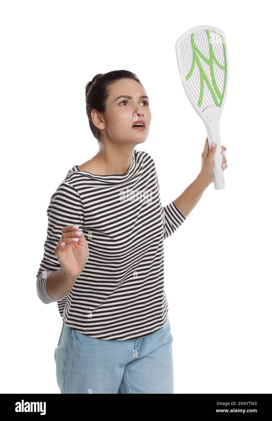Young woman with electric fly swatter on white background. Insect ...
