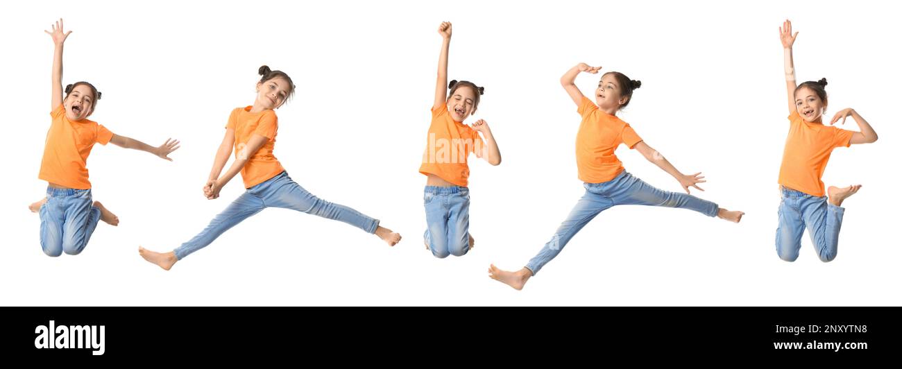 Cute little girl jumping on white background, collage. Banner design ...
