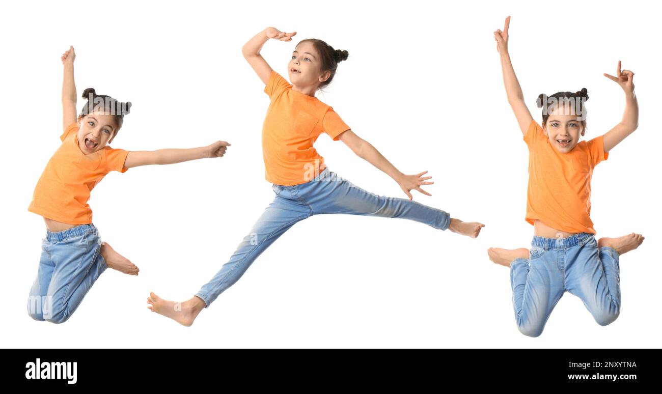 Cute little girl jumping on white background, collage. Banner design ...