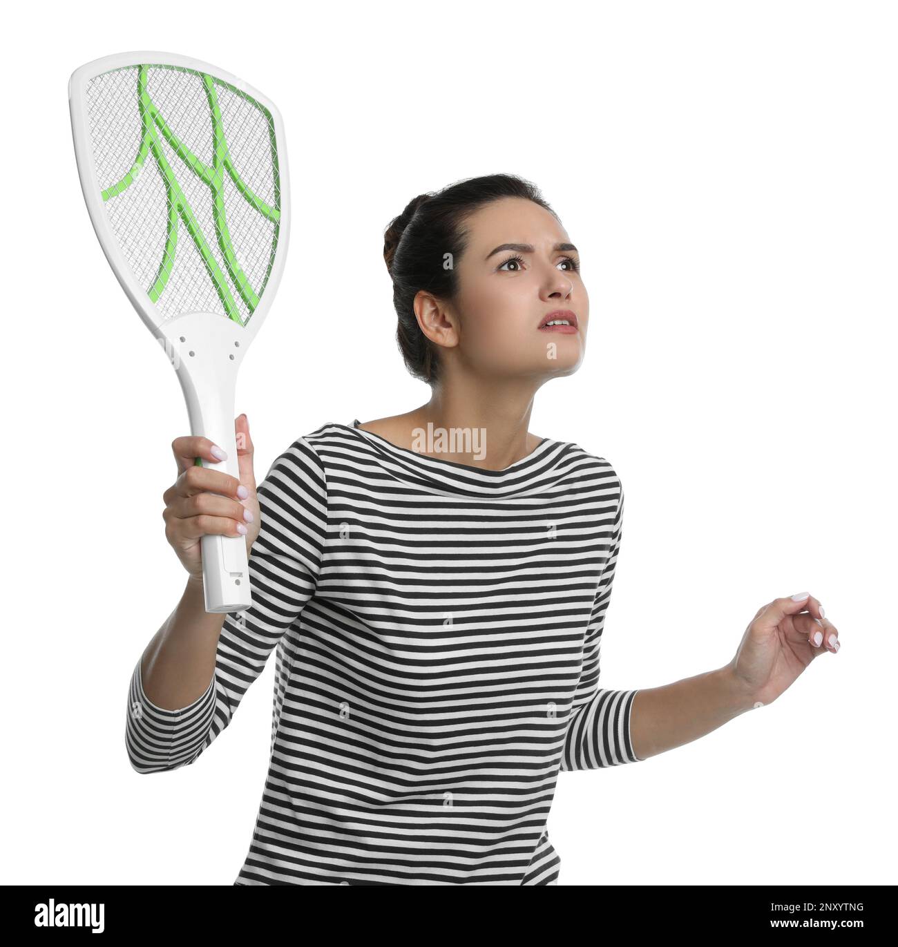 Young woman with electric fly swatter on white background. Insect ...