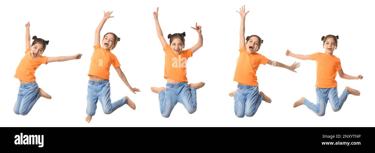 Cute little girl jumping on white background, collage. Banner design ...