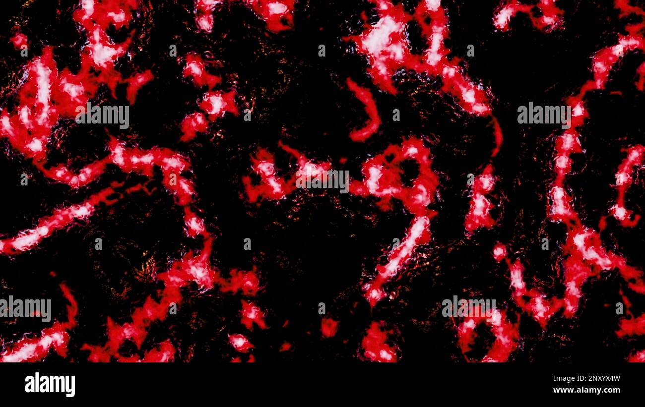 3D liquid with ripples and glowing lines. Design. Black liquid moves ...