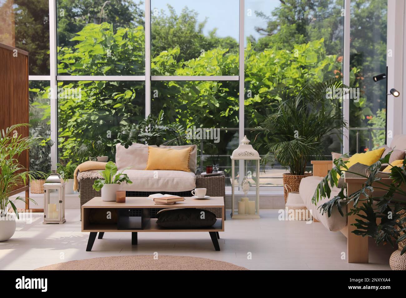 Indoor terrace interior with modern furniture and houseplants Stock ...