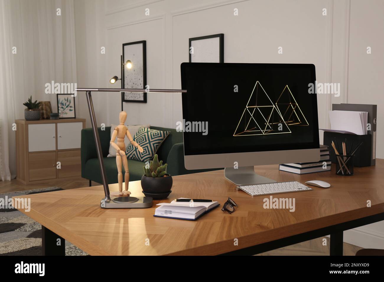 Workplace with computer on wooden desk in light room. Modern interior ...