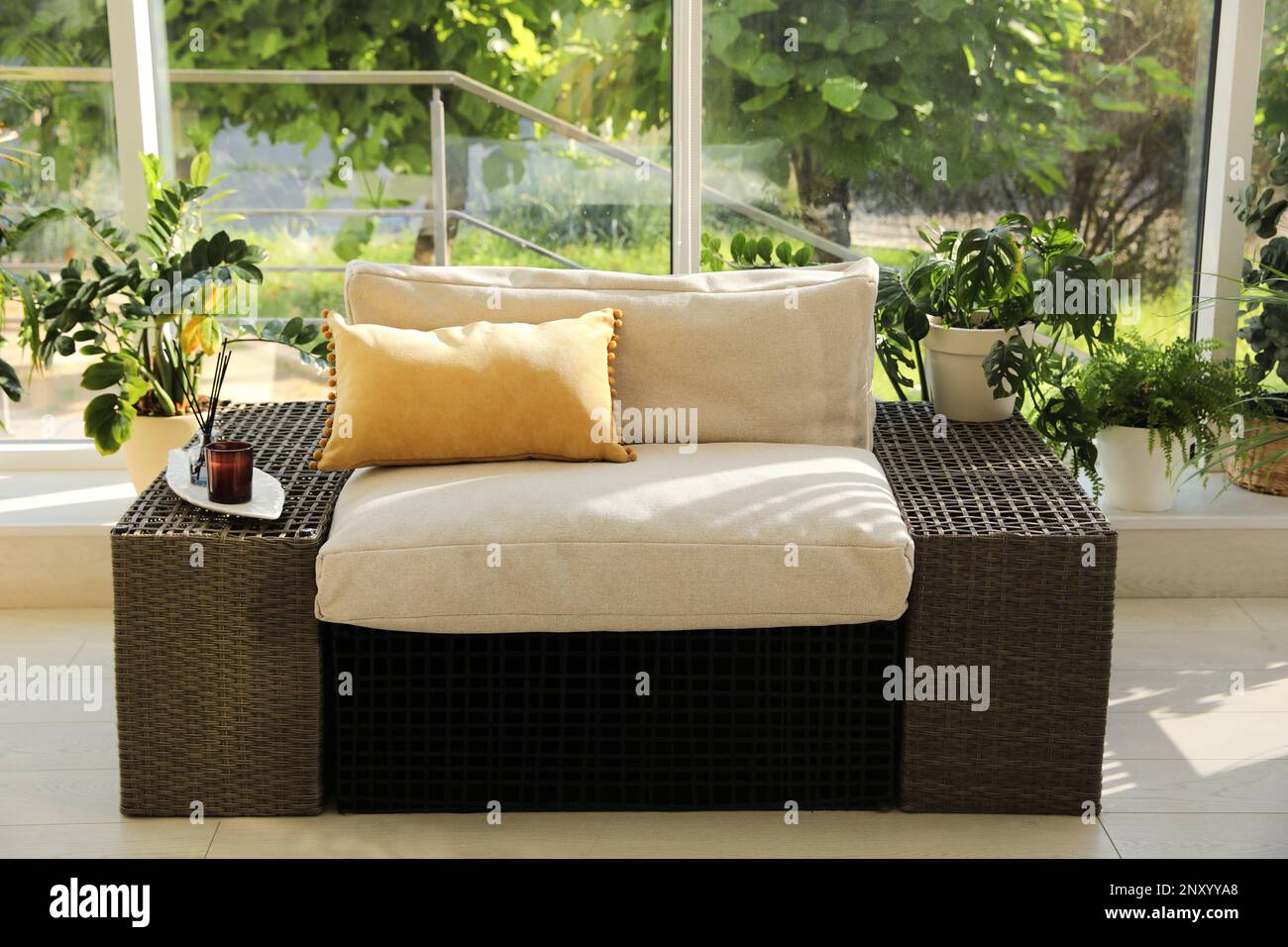 Interior of indoor terrace with comfortable place to rest Stock Photo ...