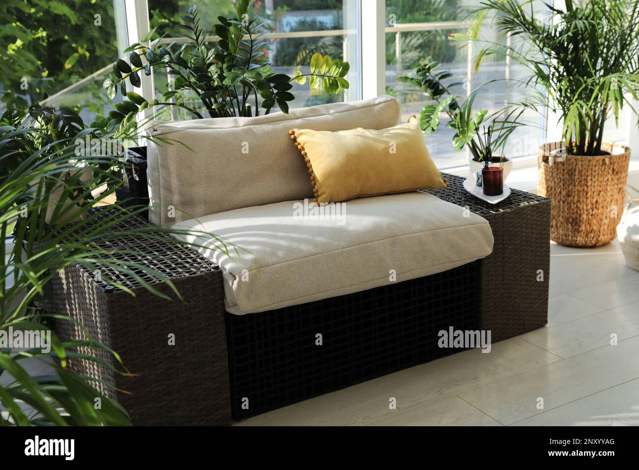 Interior of indoor terrace with comfortable place to rest Stock Photo ...