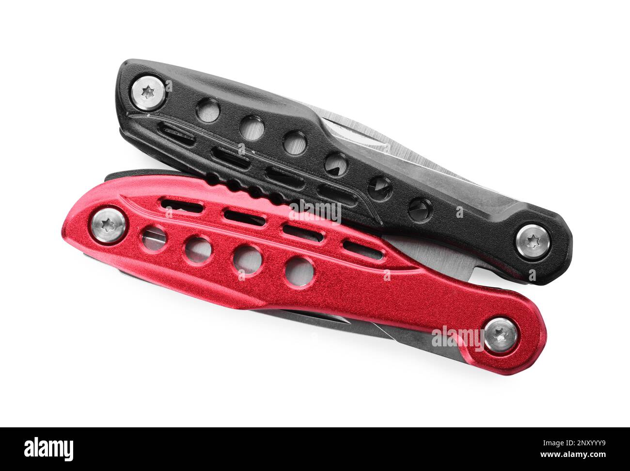 Compact portable multitool with color handles isolated on white, top ...