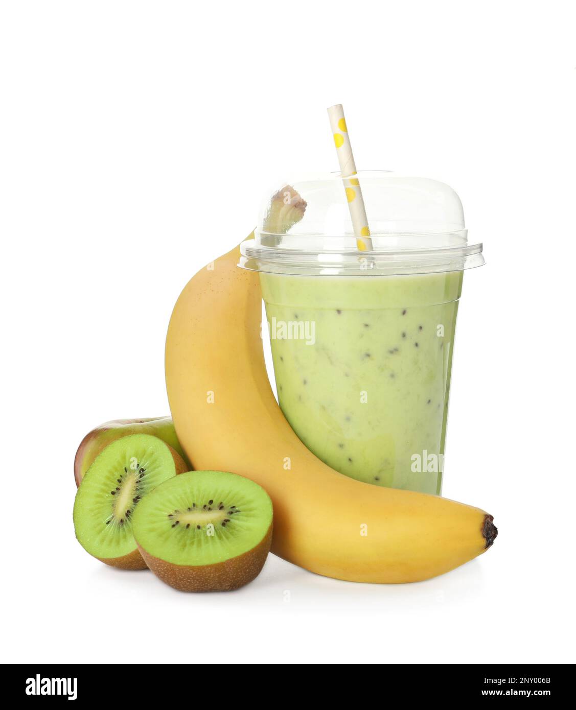 Delicious smoothie with straw in plastic cup and fresh fruits on white ...