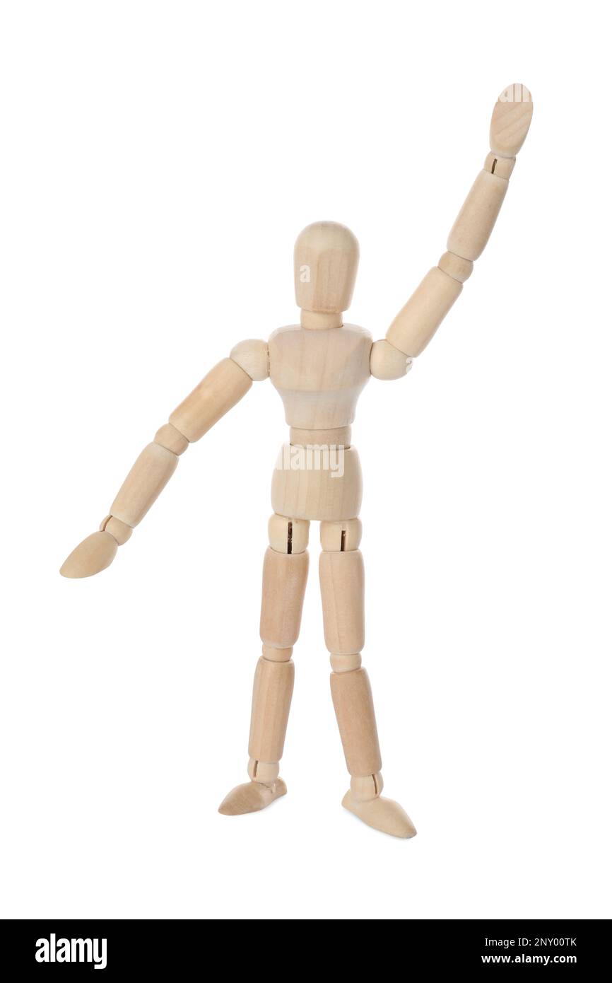 Wooden human model isolated on white. Mini mannequin Stock Photo - Alamy