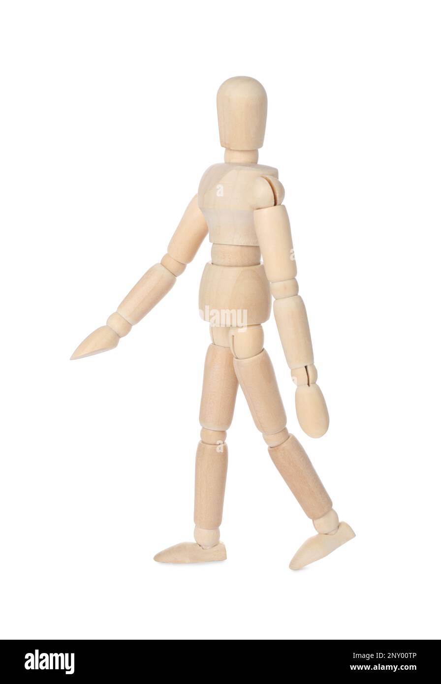 Wooden human model isolated on white. Mini mannequin Stock Photo - Alamy