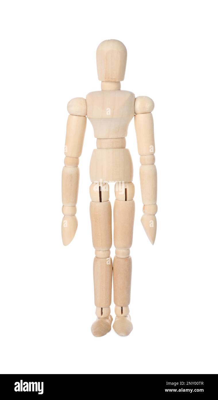 Wooden human model isolated on white. Mini mannequin Stock Photo - Alamy