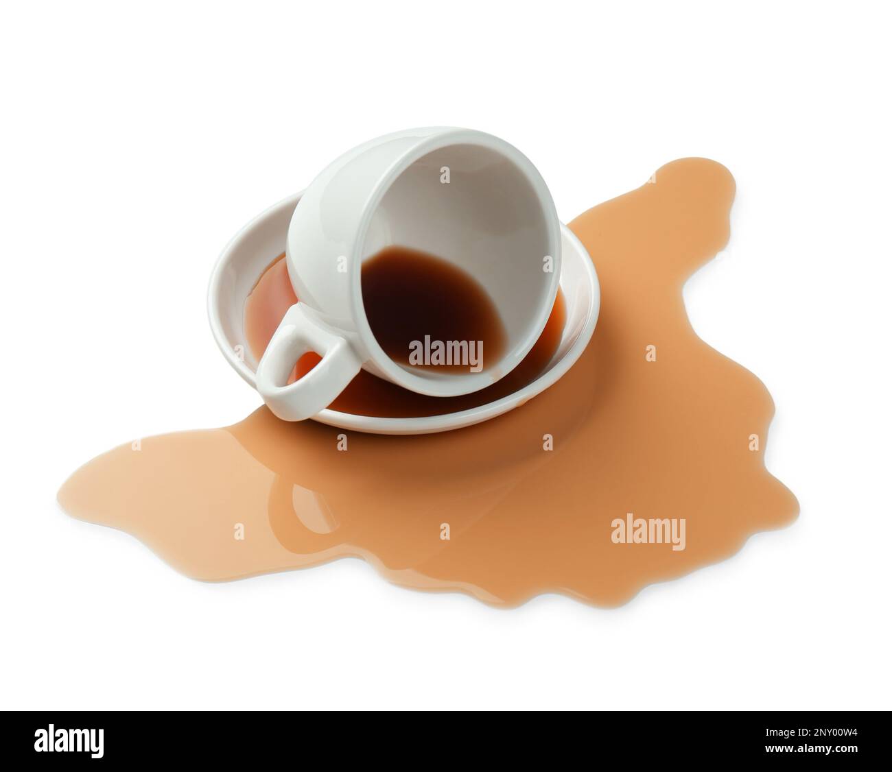 Overturned cup and spilled coffee on white background Stock Photo - Alamy