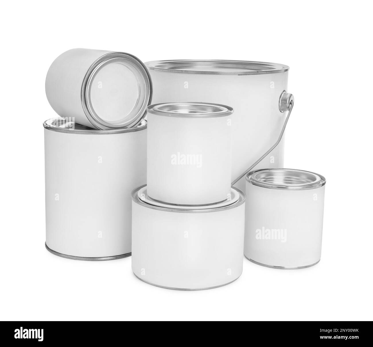 Closed blank cans of paint isolated on white Stock Photo - Alamy
